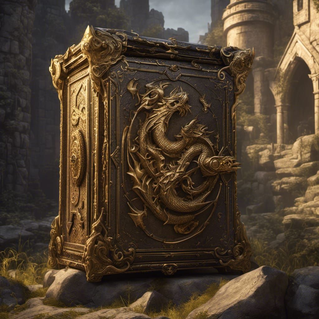 golden medieval, big lockbox with dragons designed on it - AI Generated ...