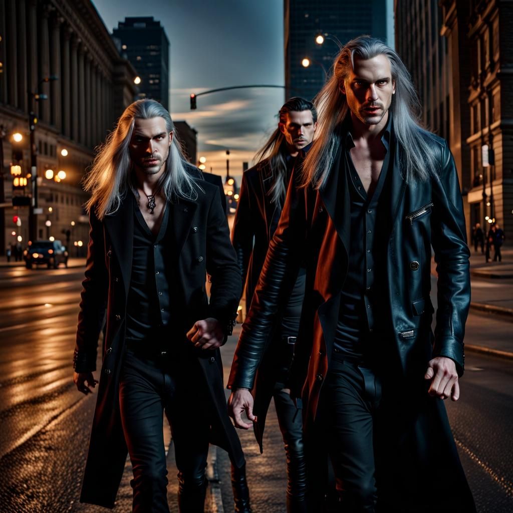 Three vampires with modern normal clothes and long hair walking the ...