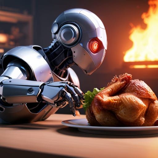 Close view of Robot Eating Cooked Chicken, On a Table, Unreal Engine 5 ...