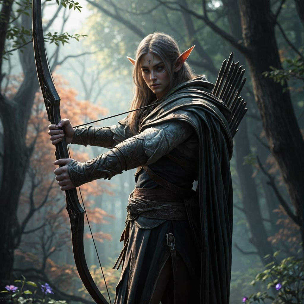 Ethereal Elven Archer in Vibrant Enchanted Forest - AI Art