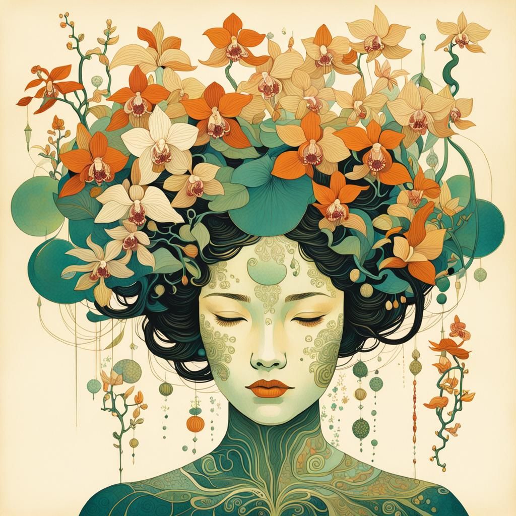 "Bio Art Experimentation" woman rooted orchids on head, Victo Ngai - AI ...