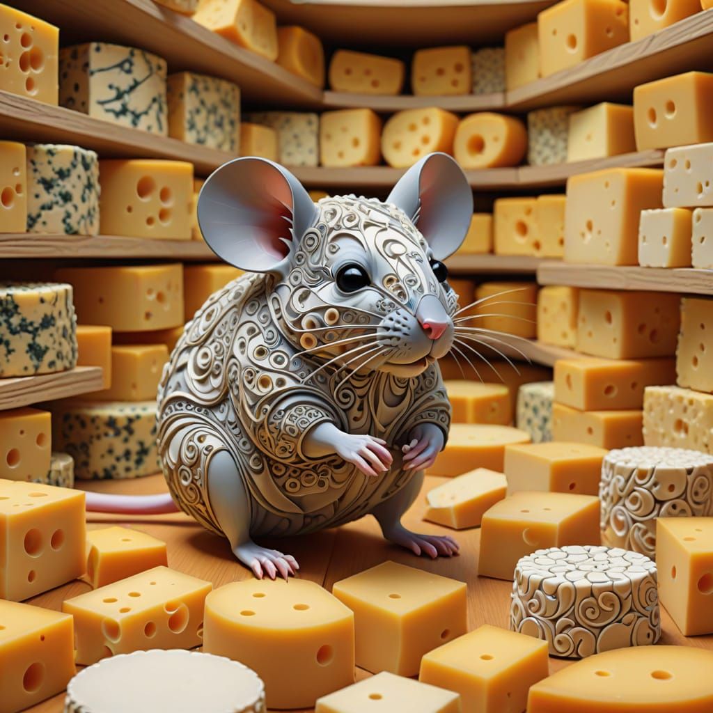 Whimsical Mouse in a Vast Cheese Repository - AI Art
