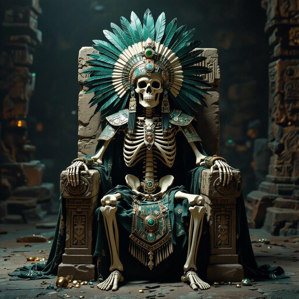 Jade Aztec Skeleton King on Ancient Throne - AI Art