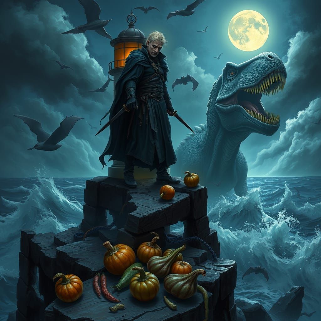 Moonlit Lycanthrope on Storm-Battered Lighthouse - AI Art