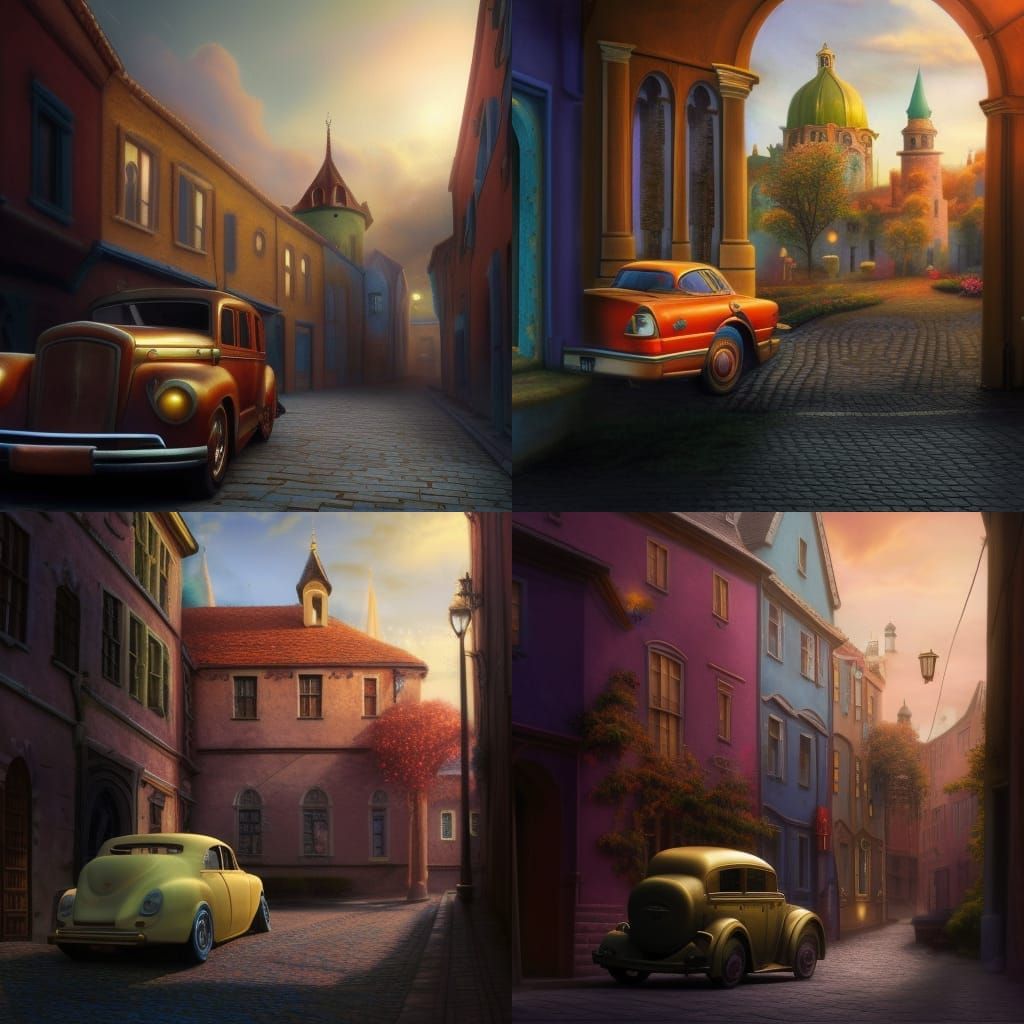 A rustle golden classical car parked in front of a rustle castle in an ...