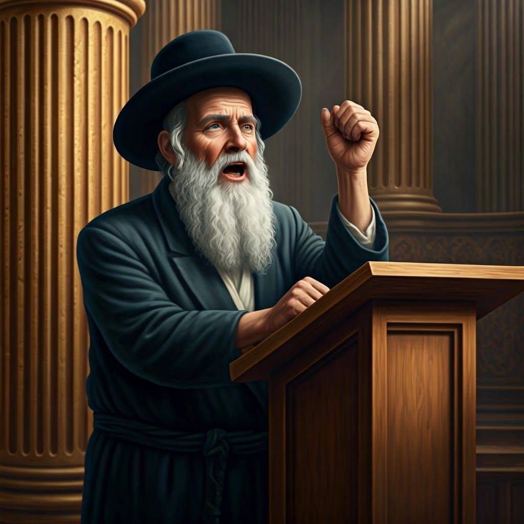 Ancient Rabbi Shouts in Historic Synagogue - AI Art