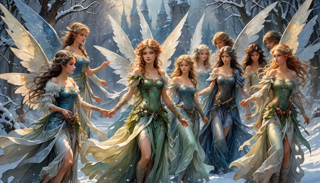 Stunning snow fairies with wing in fluffy feathery dress - AI Generated ...