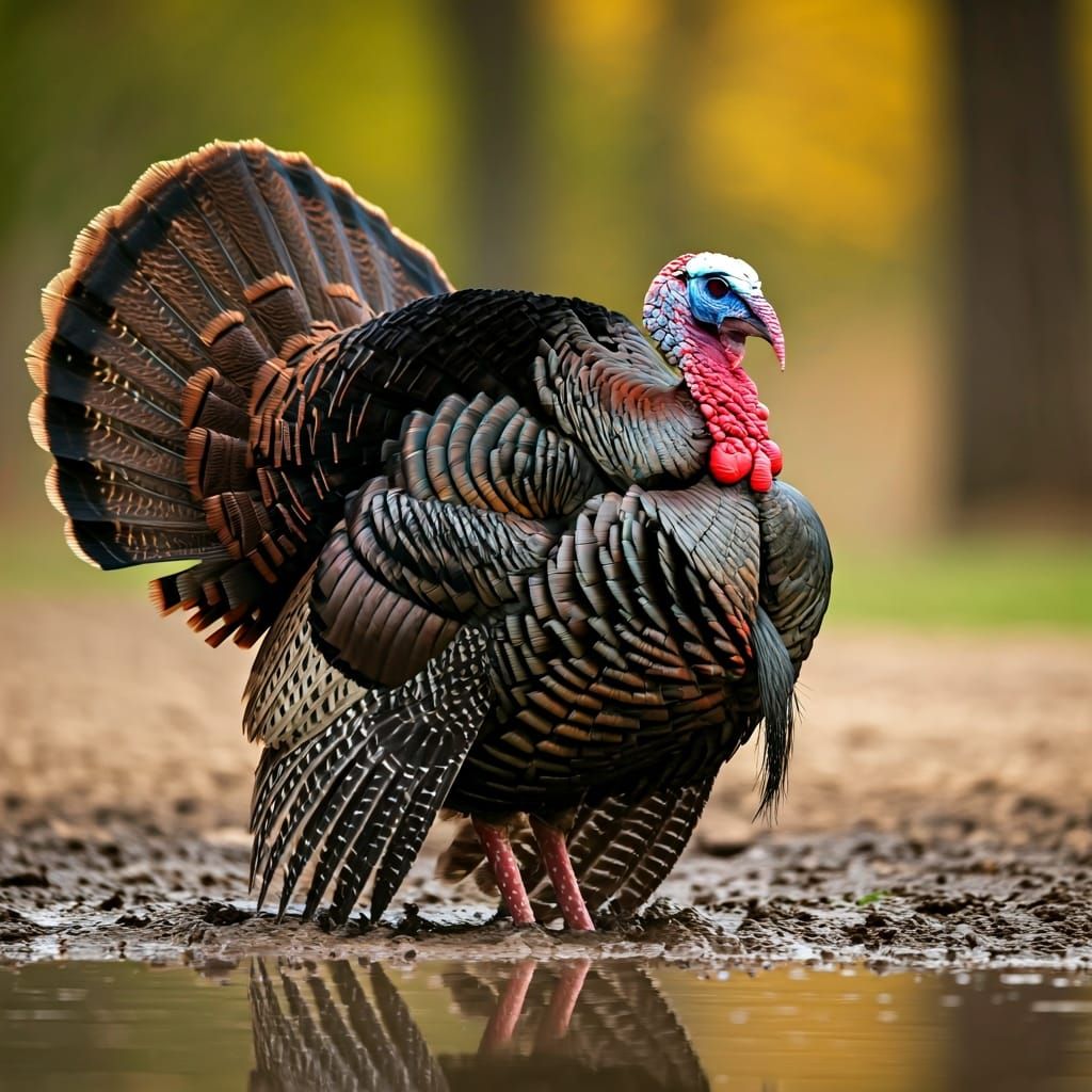 A wild turkey kicking mud by a mud puddle