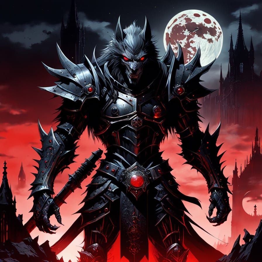 Demonic Werewolf Knight in Dark Anime Armor - AI Art