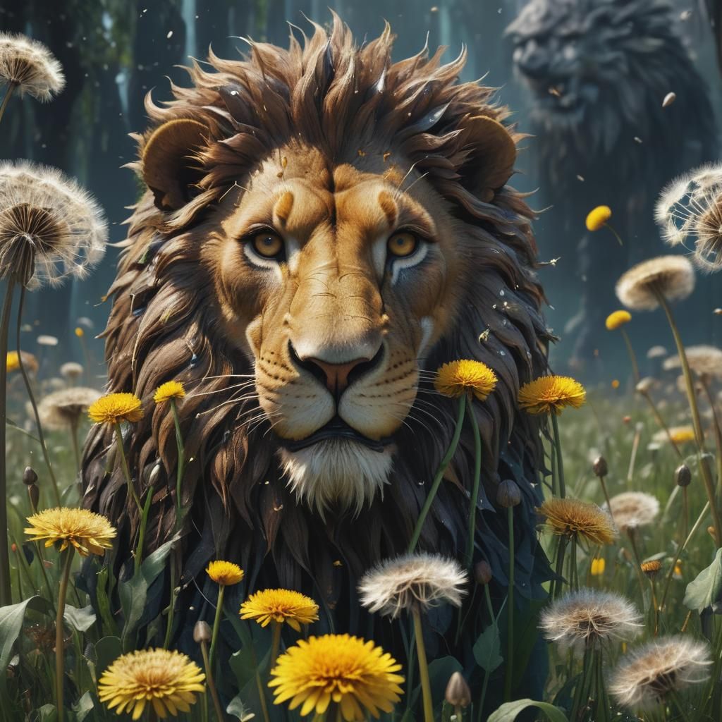 Fantastical Dandelions Bloom with Lion Faces in Dr... - AI Art