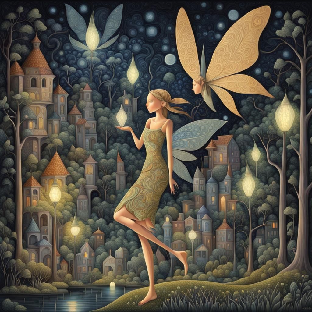 Surreal Cubist Dreamscape fairies fireflies Moonlight dreams ...