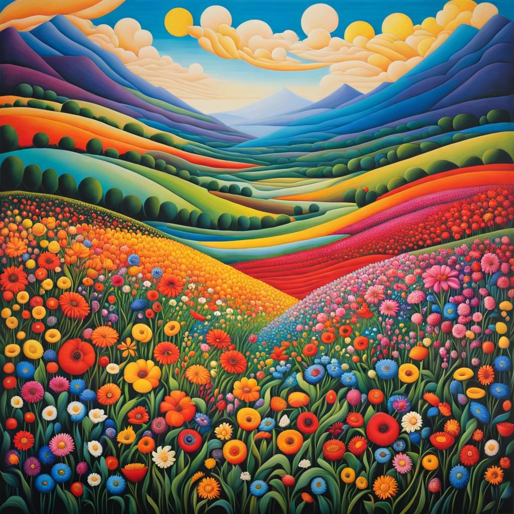 A field full of colourful flowers, nature motif, vibrant, colorful ...