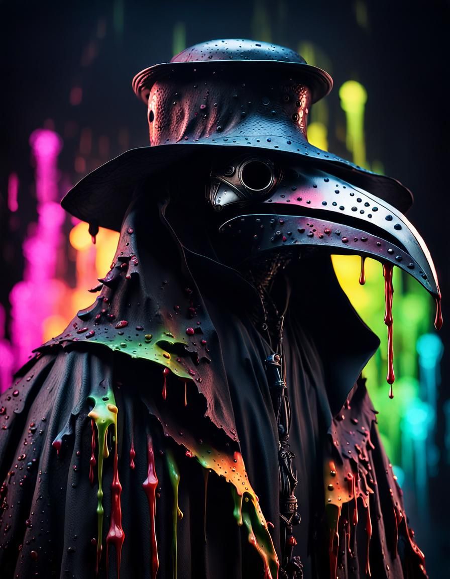 Plague Doctor, his cloak a masterpiece of photorealistic dripping colors, set against an abyssal ...