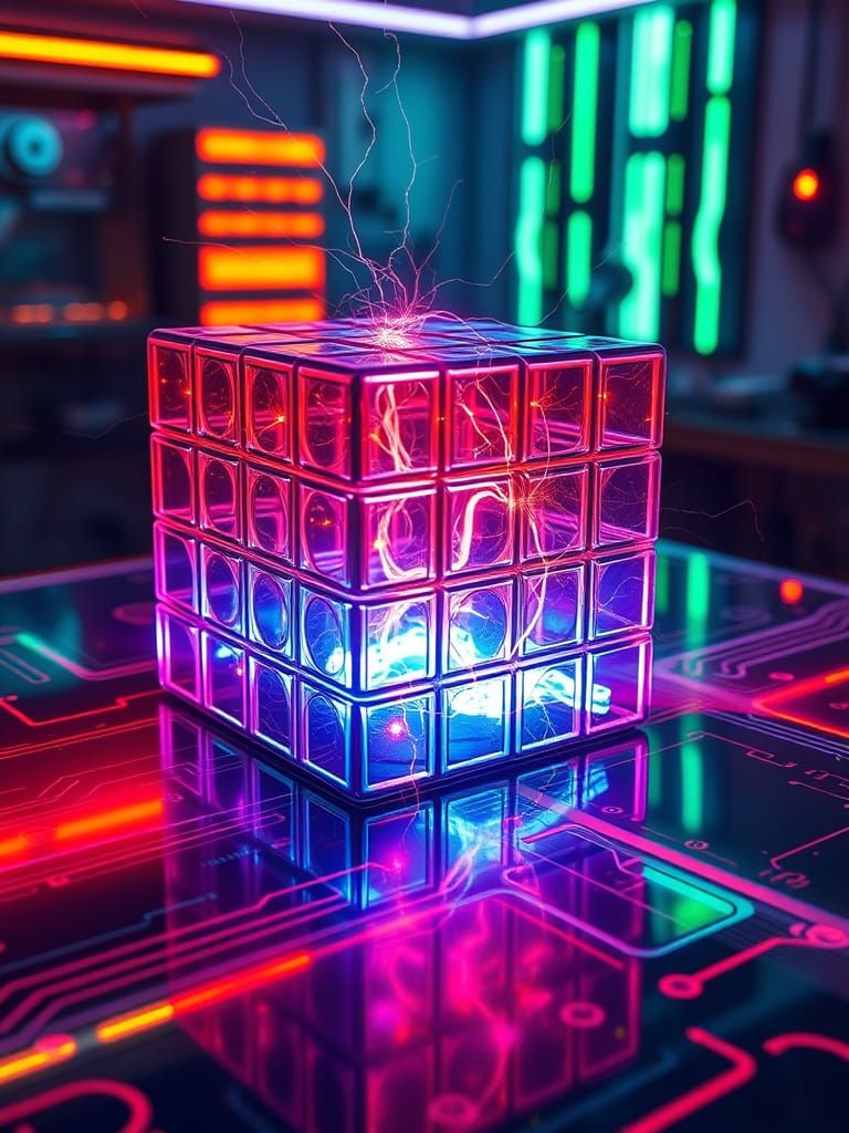 Glowing Rubik's Cube Illuminates Futuristic Labora... - AI Art