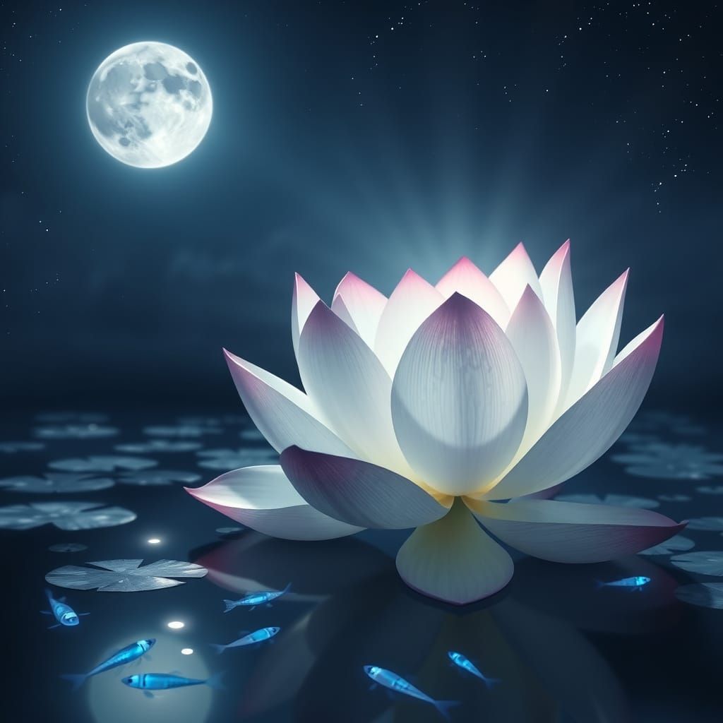 Moonlit Bloom - Moonlit Lotus in a Dreamy, Ethereal Landscap...
