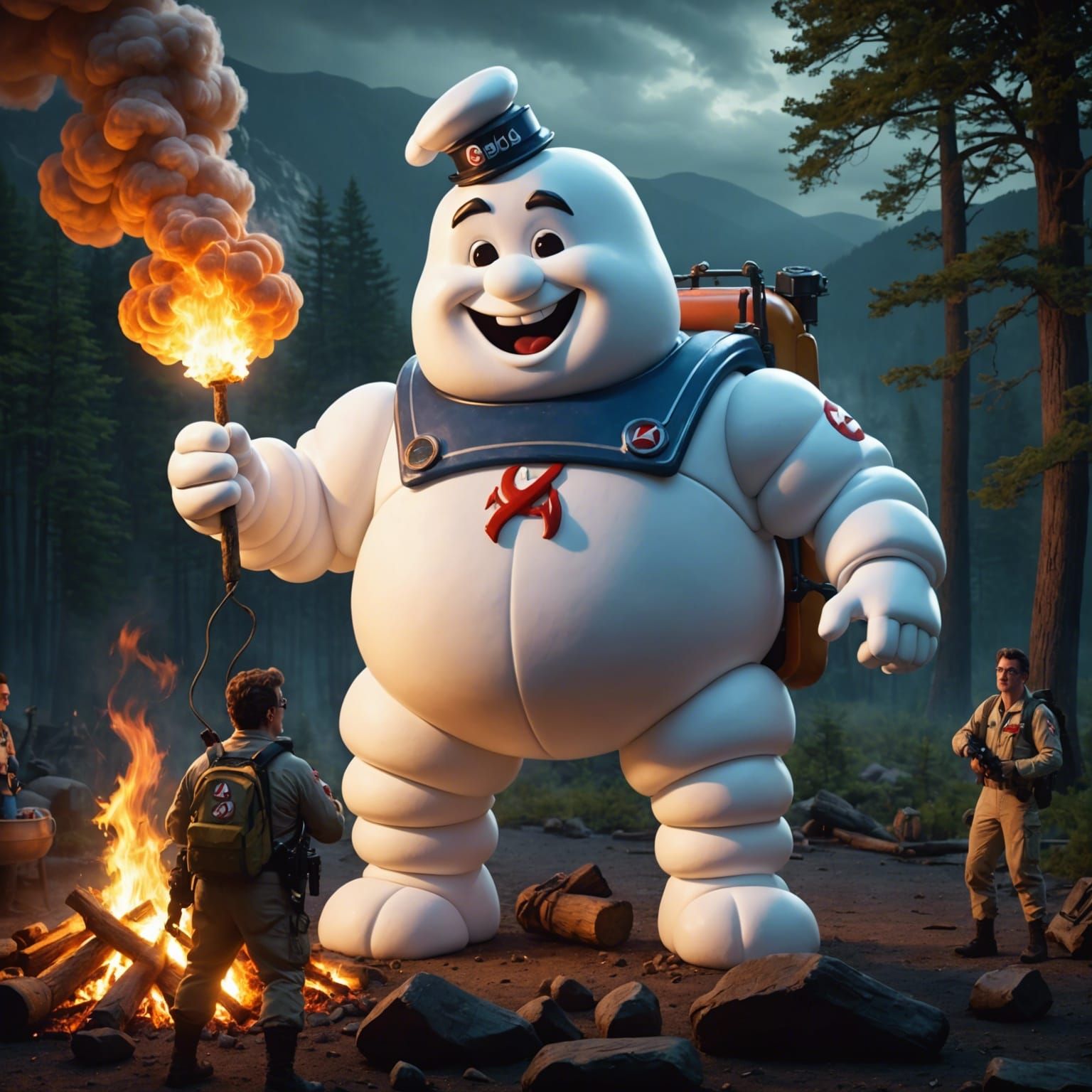 ghostbusters marshmallow man roasting a giant marshmallow over a ...