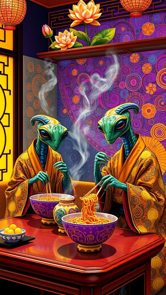 Two Male Aliens Eating at a Japanese Restaurant Tim Burton contrasting ...