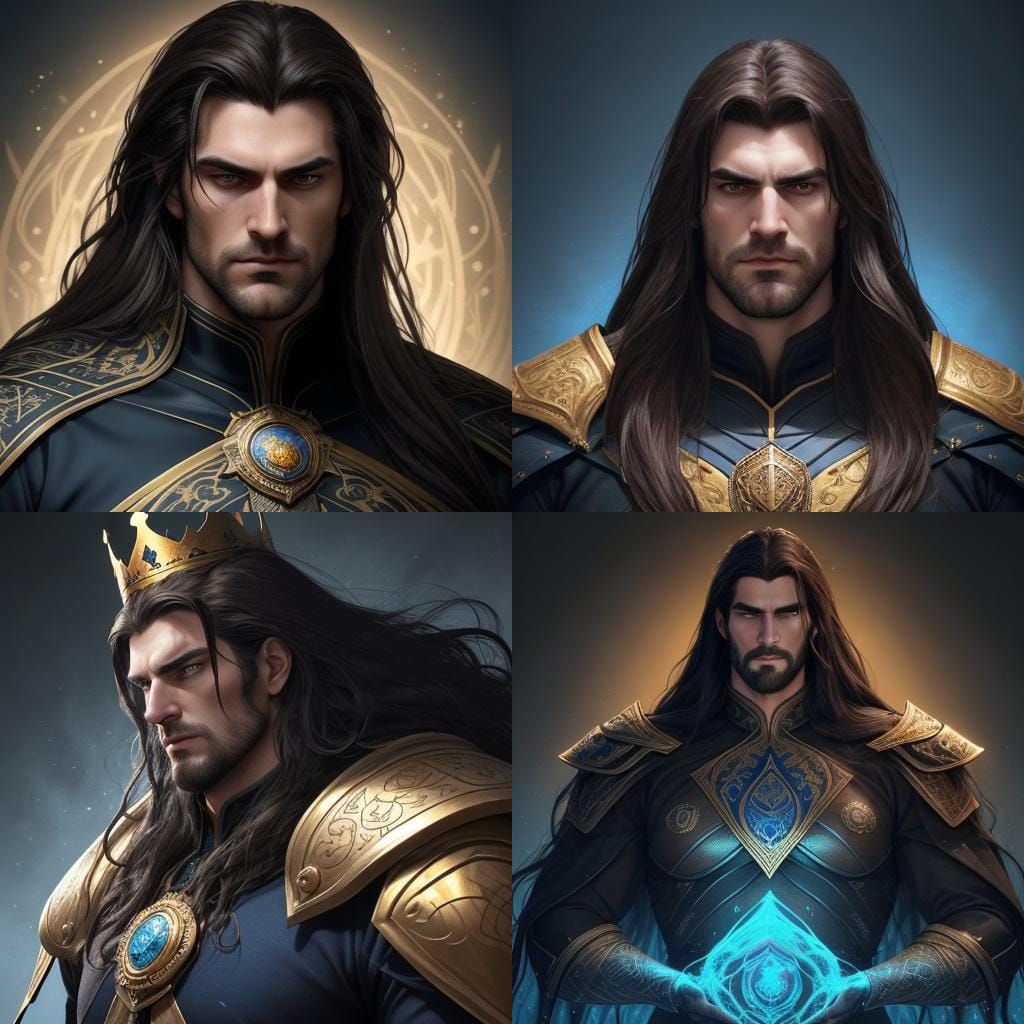 Very tall, with dark flowing hair that comes down to his shoulders. He ...