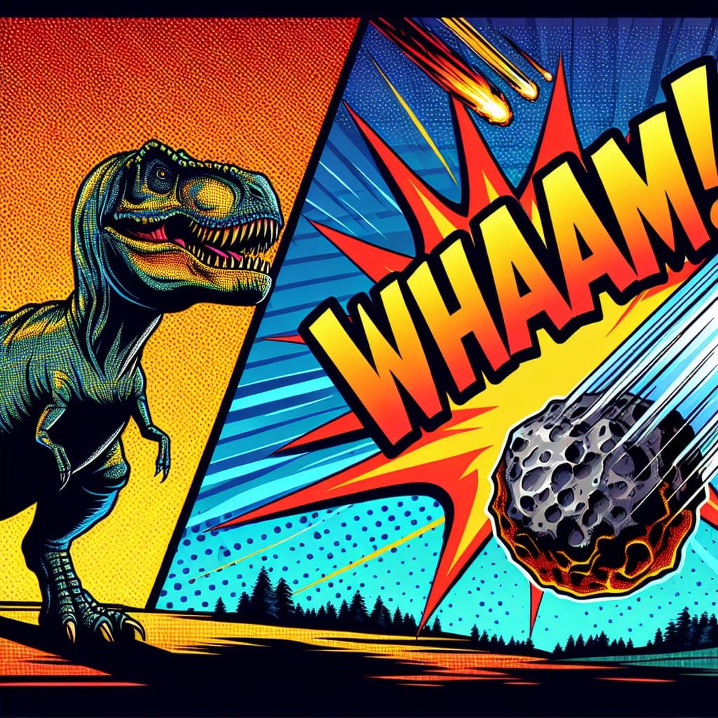 "WHAAM!" - Bold Pop Art T. Rex Watches Meteorite Impact