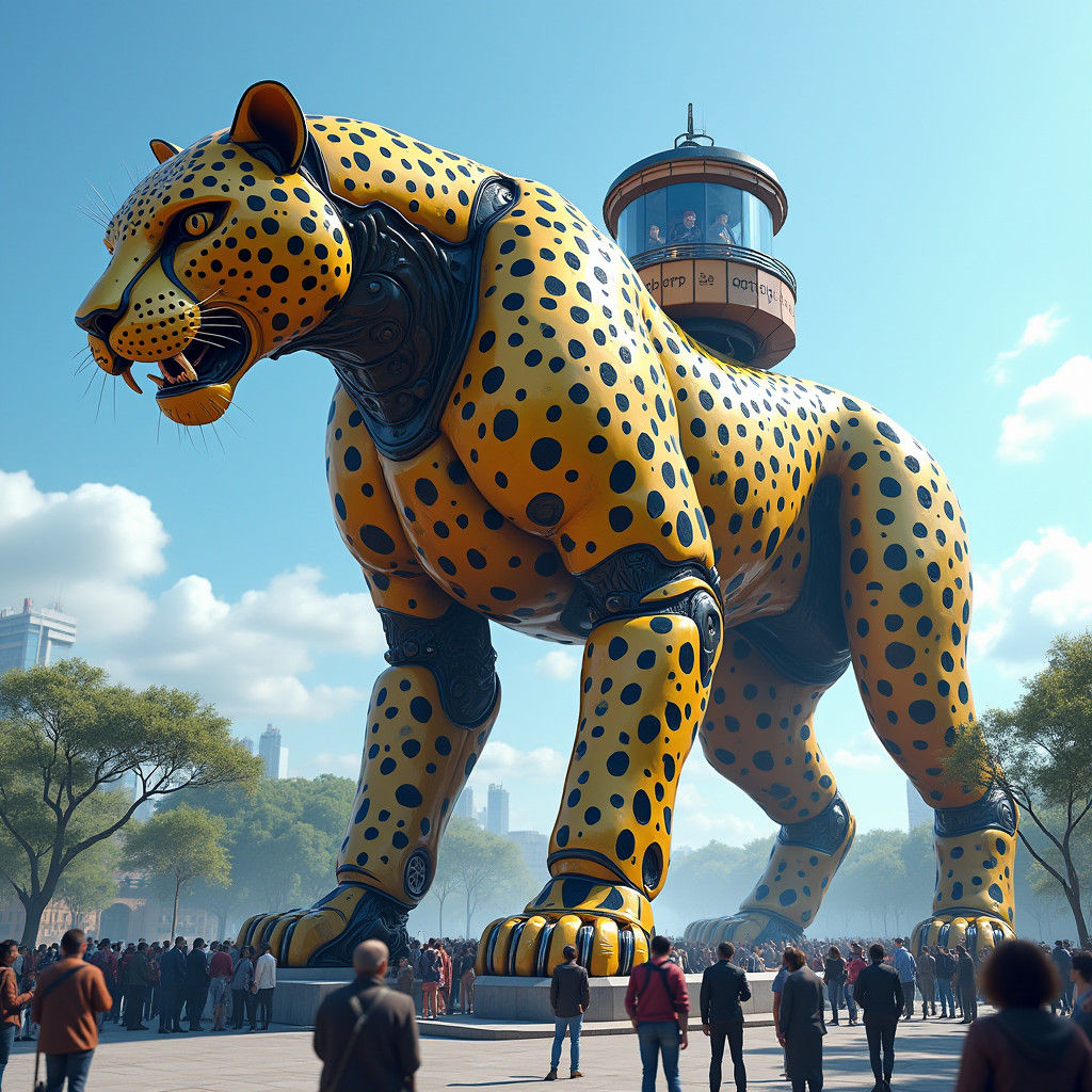 Colossal Mechanical Leopard Sculpture in Urban Set... - AI Art