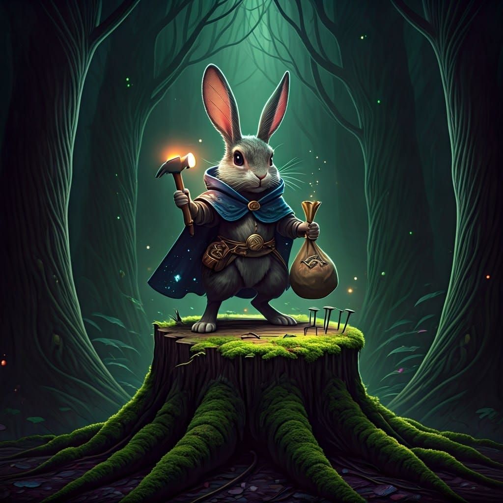 Mystical Rabbit Wizard in Starry Cloak, Hammer in ... - AI Art