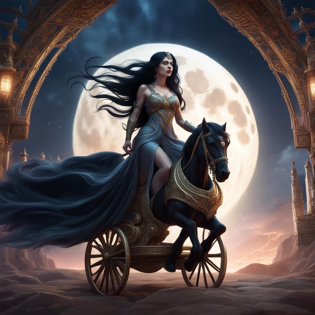 Selene the goddess of the moon with long black hair wearing a long ...
