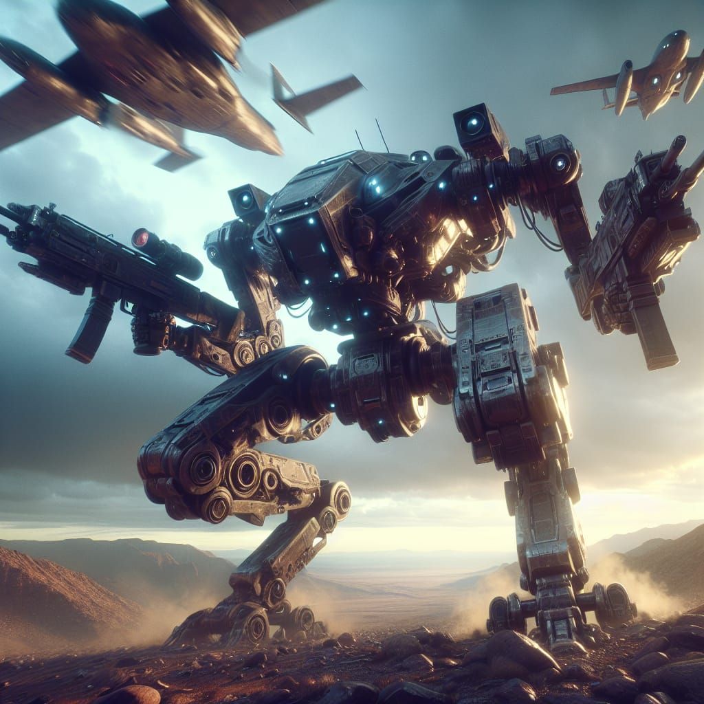 High angle closeup of a massive futuristic four-legged mech in a battle ...