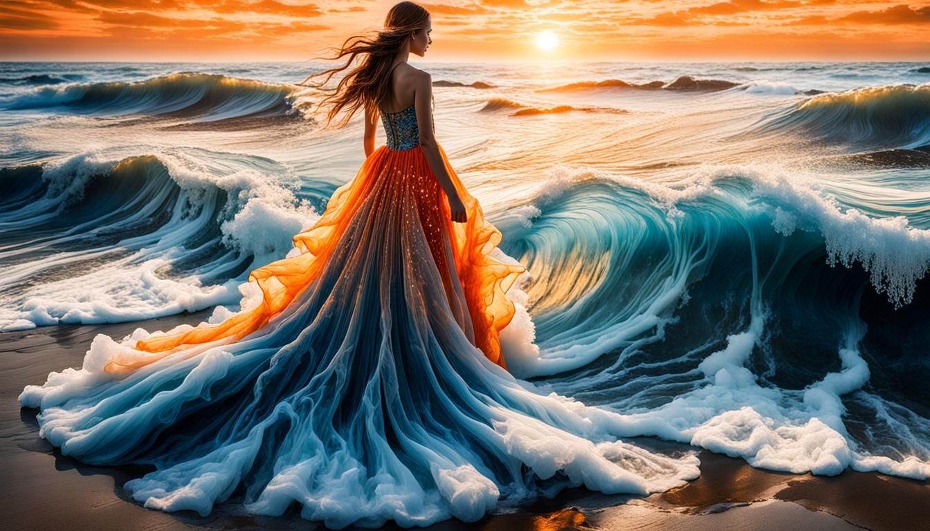 Dress made of water is cascading down and spreading out into a pattern ...