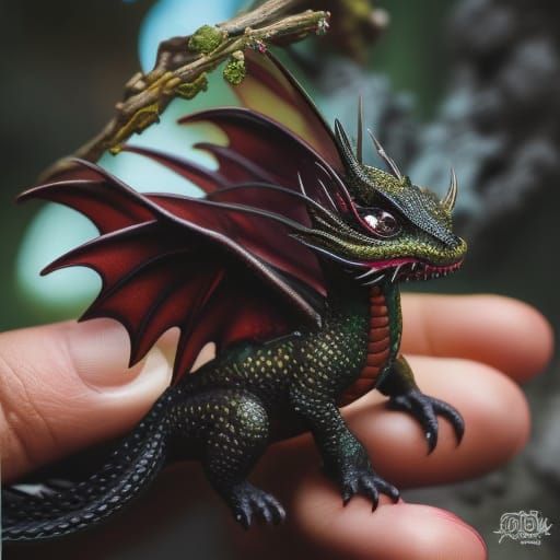 tiny micro baby dragon sitting under flowers, by N. C. Winters and ...