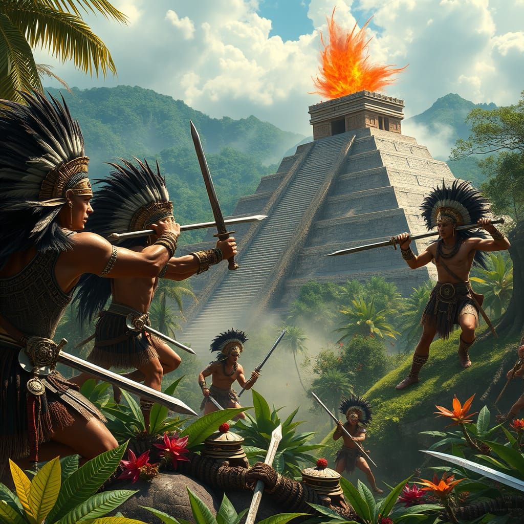 Ancient Aztec Warriors Defend Sacred Pyramids Agai... - AI Art