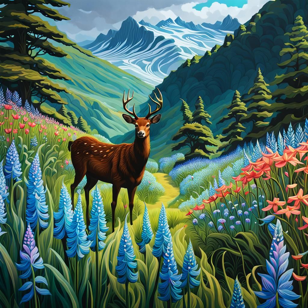 Deer in a valley of flowers artwork by Annie Soudain detailed matte ...