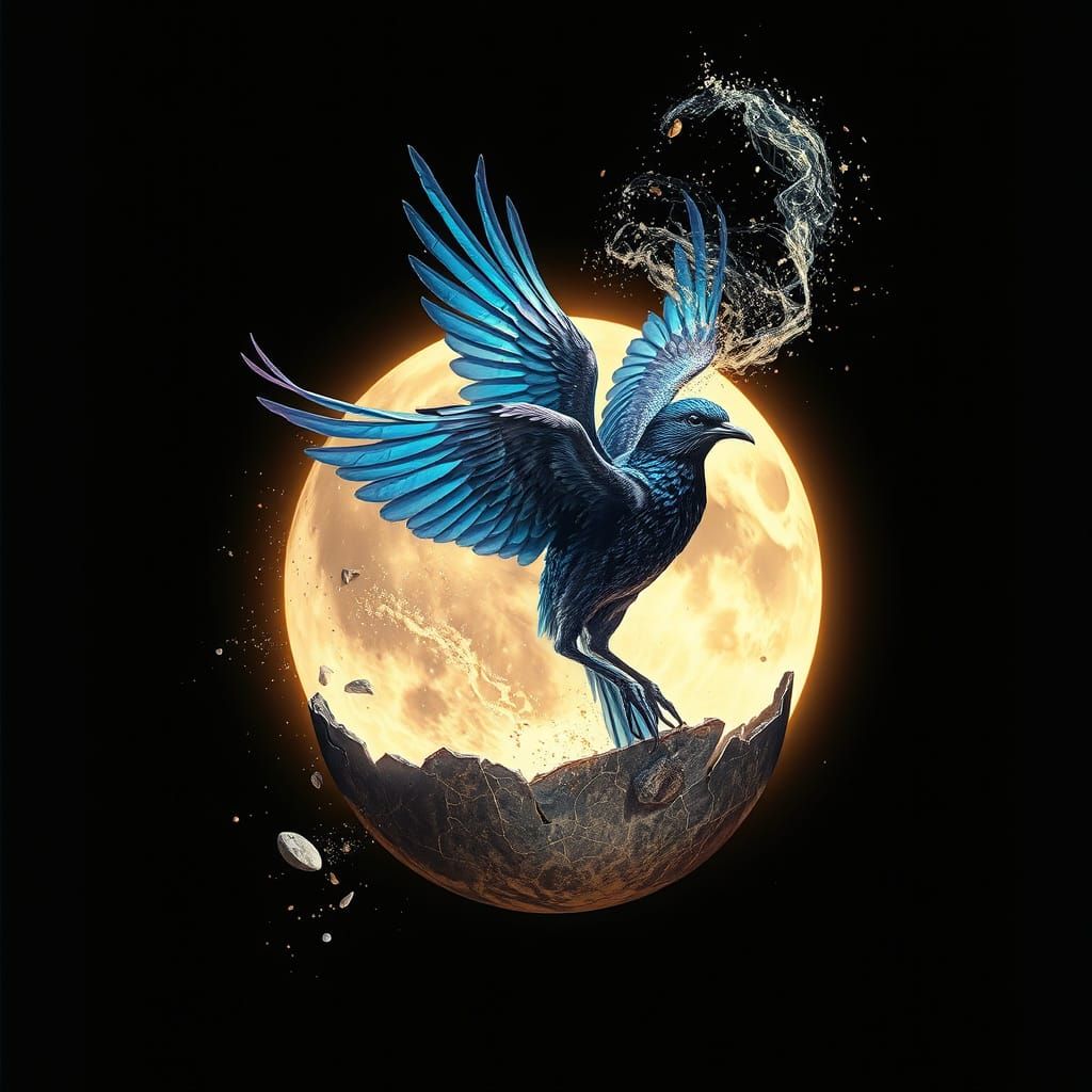 Surrreal image. The moon cracks and opens like an egg, from which a ...