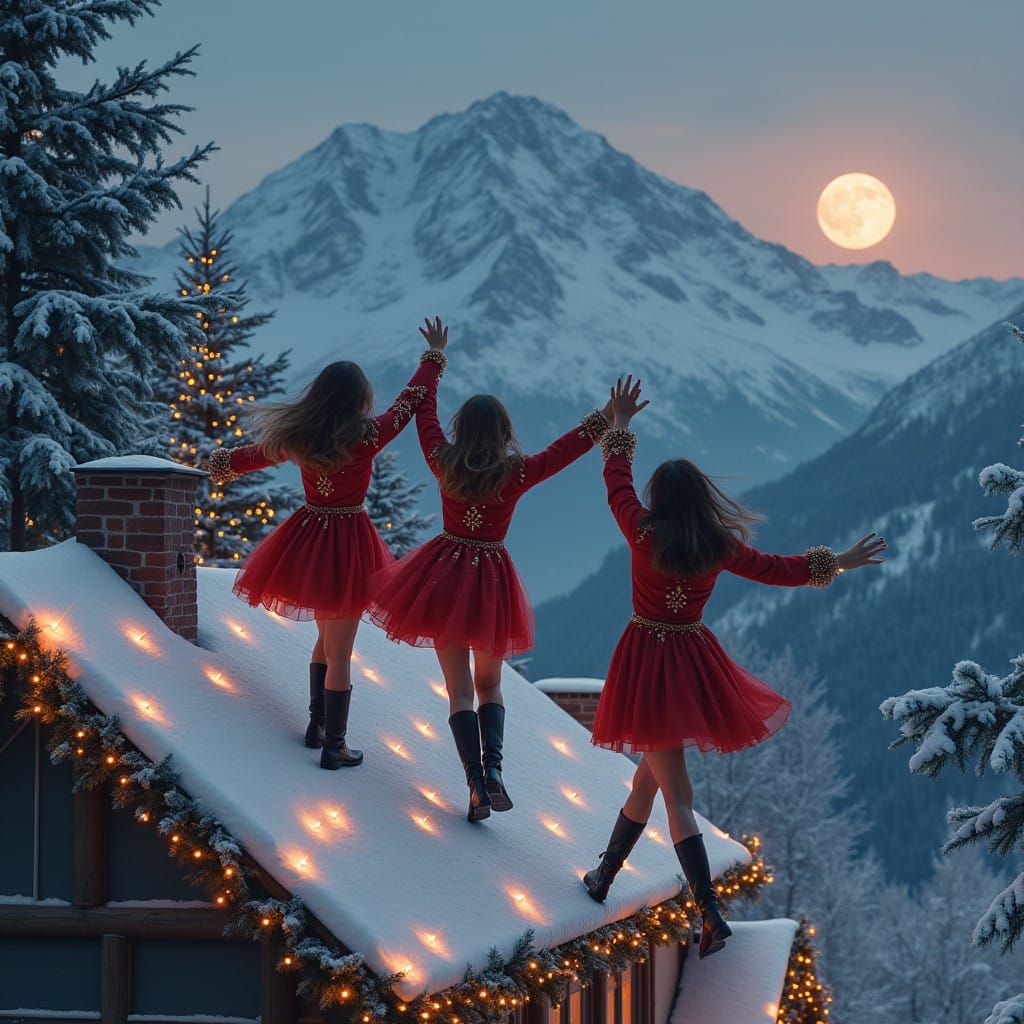 Women in Crimson Dresses Dance on Snowy Roof at Ch... - AI Art