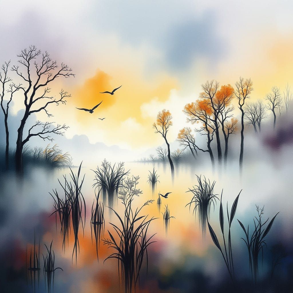 Fog in the swamp - Fog in the Swamp: Hyperrealistic Watercol...