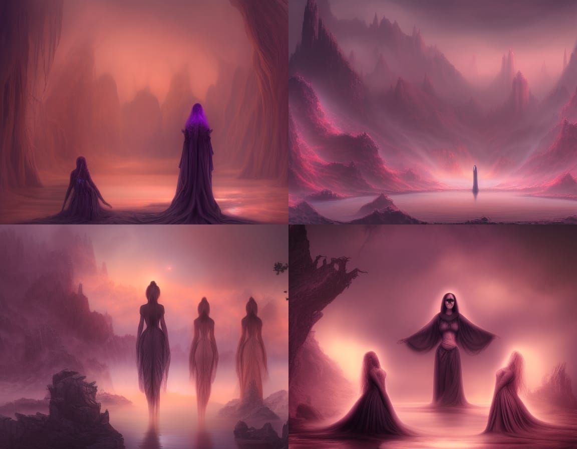A coven of dark mysterious humaonoid female figures in flowing layered ...