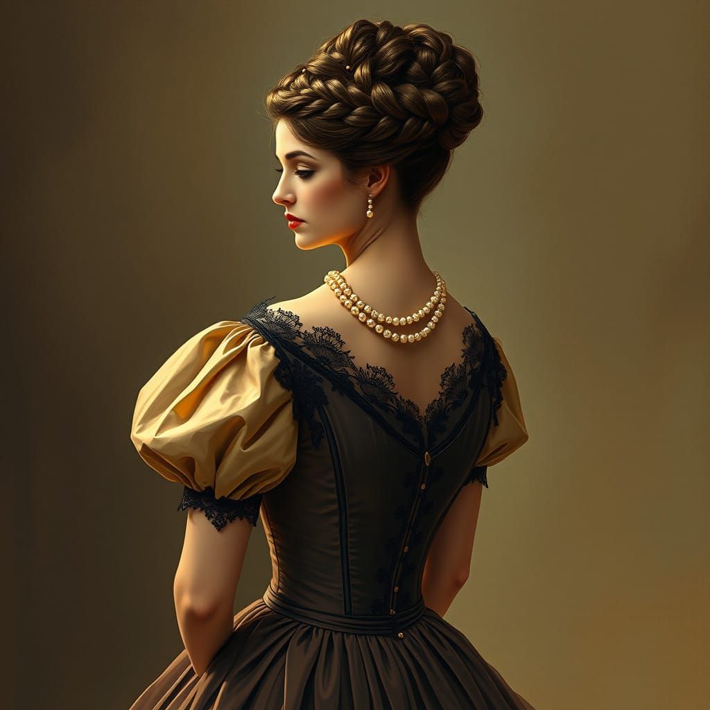 Beautiful woman dressed in decade 1890s fashion and wearing hairstyle ...