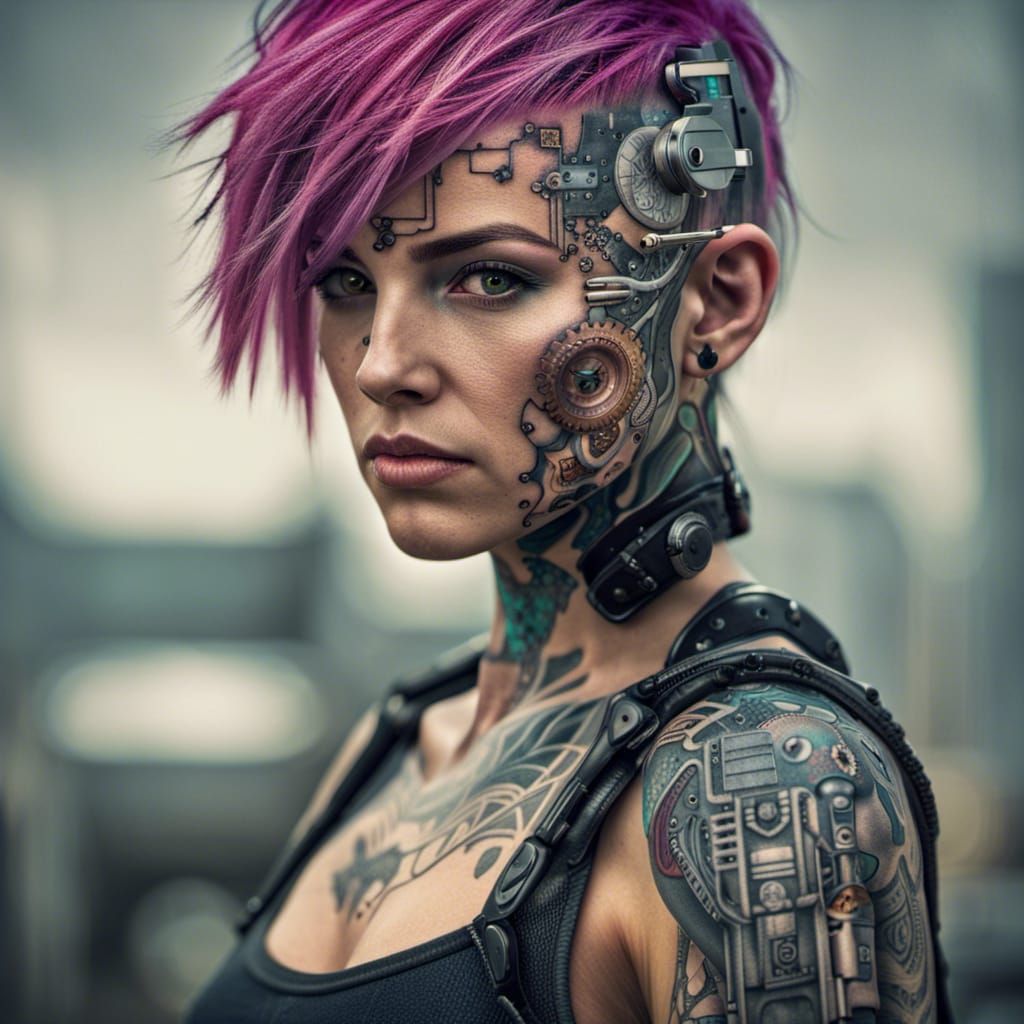 Cyberpunk future warrior woman tattoo - AI Generated Artwork - NightCafe Creator