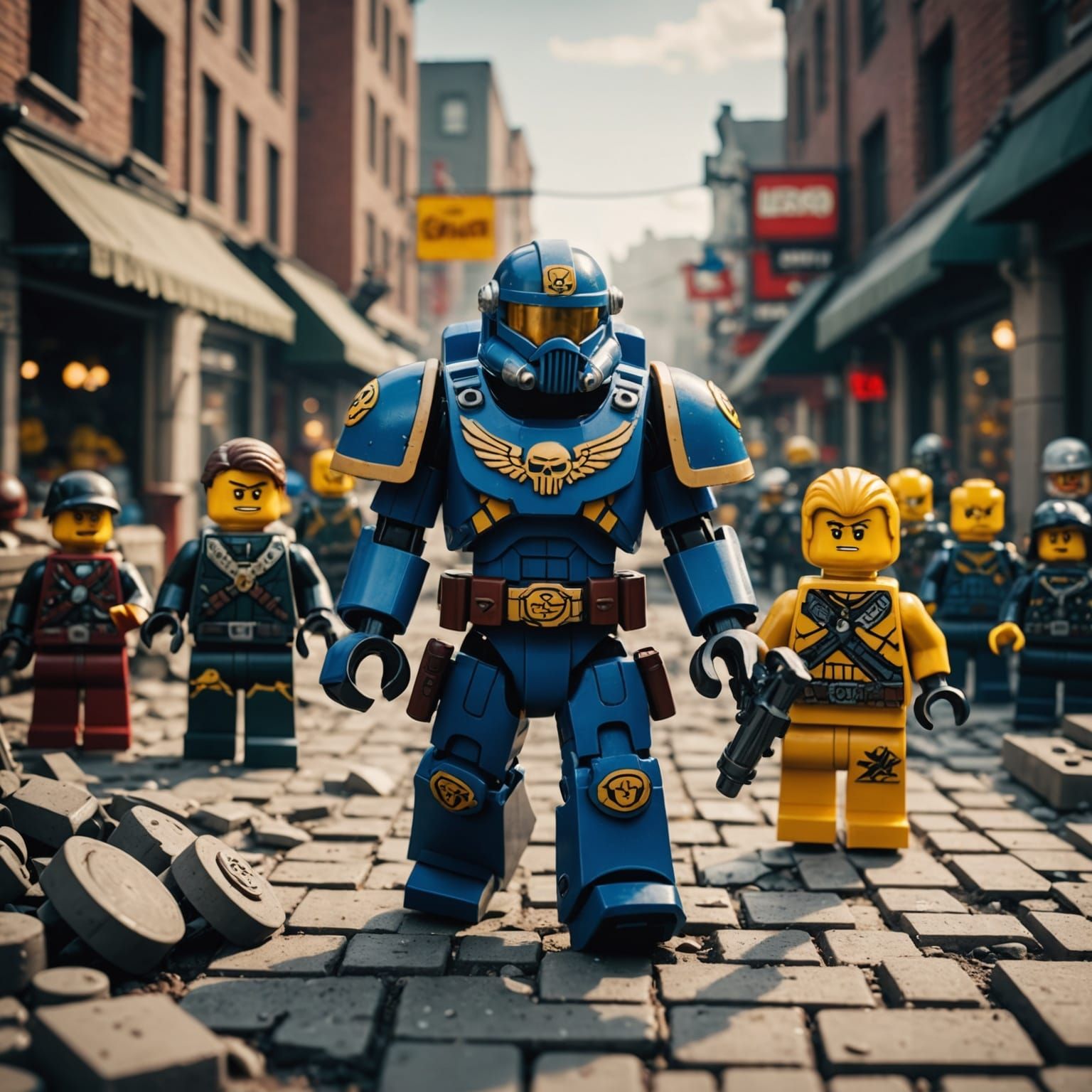 Lego space marine army walking through wasteland city market - AI ...