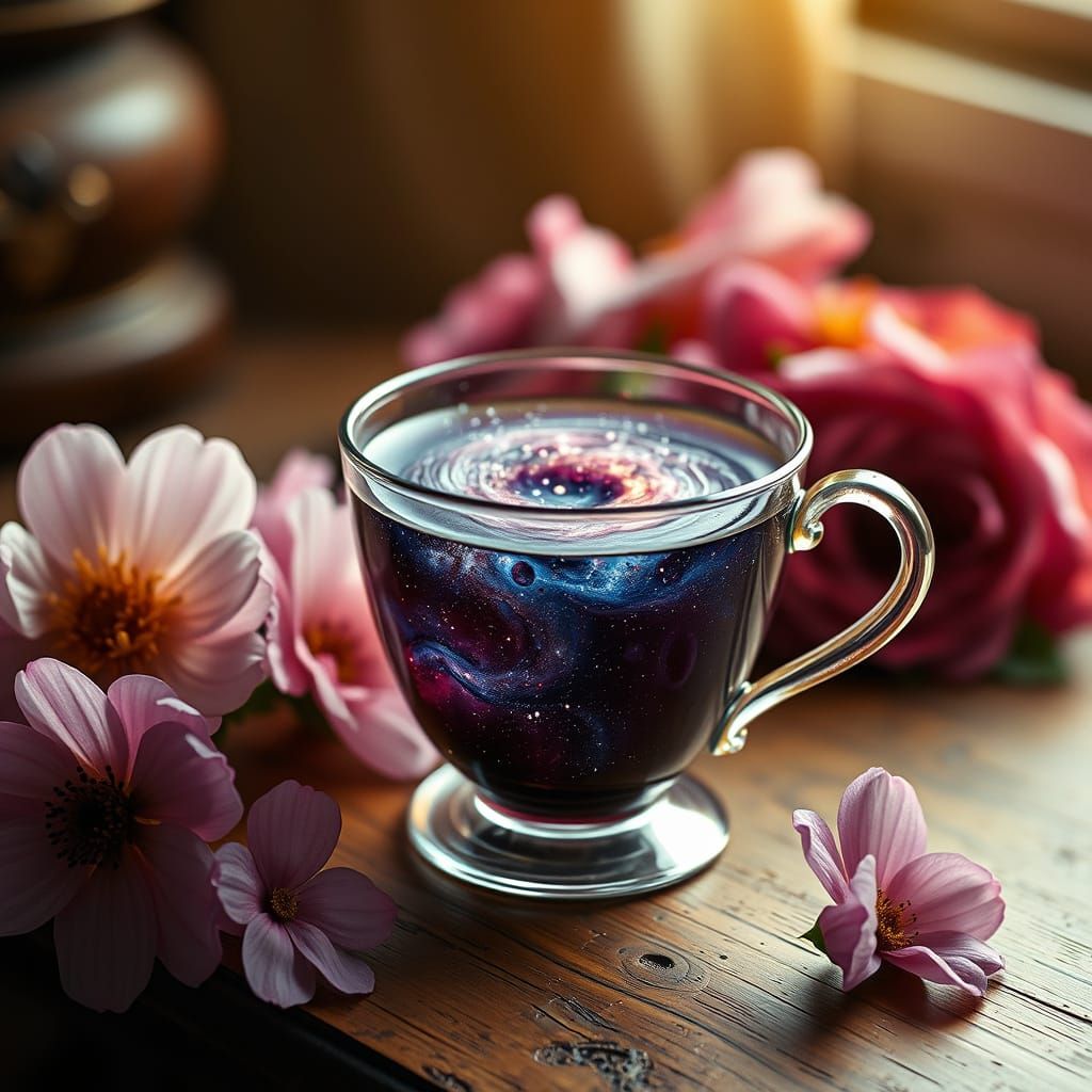 Cosmic Cup - Ethereal Glass Teacup Amidst Vibrant Floral Blo...