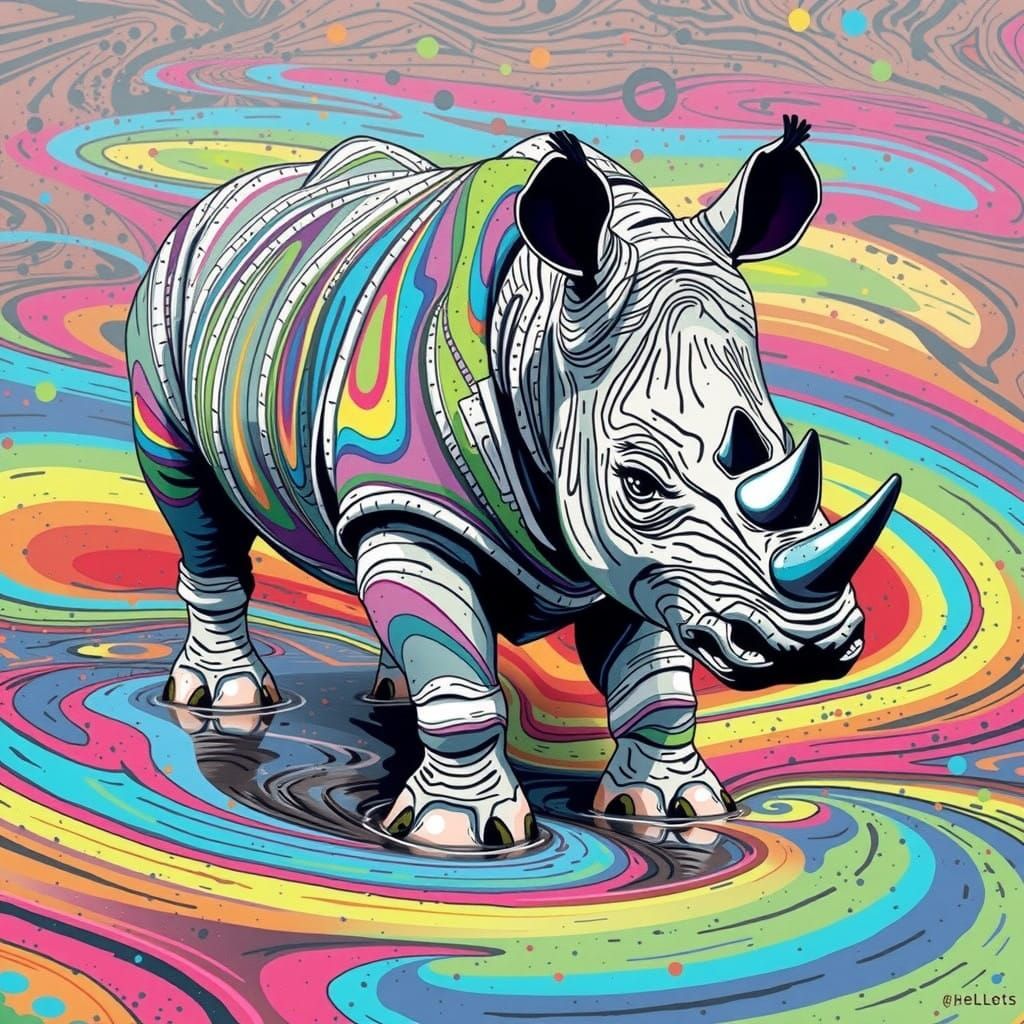 A 3D render Concept art. Medium shot. A tiny, adorable black and white rhinoceros with pooling ...