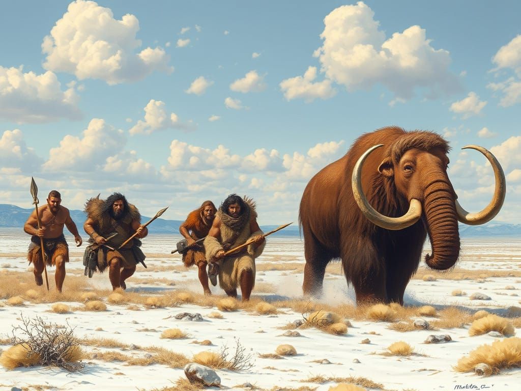 A picture of a group of Neanderthals hunting a woolly mammoth.