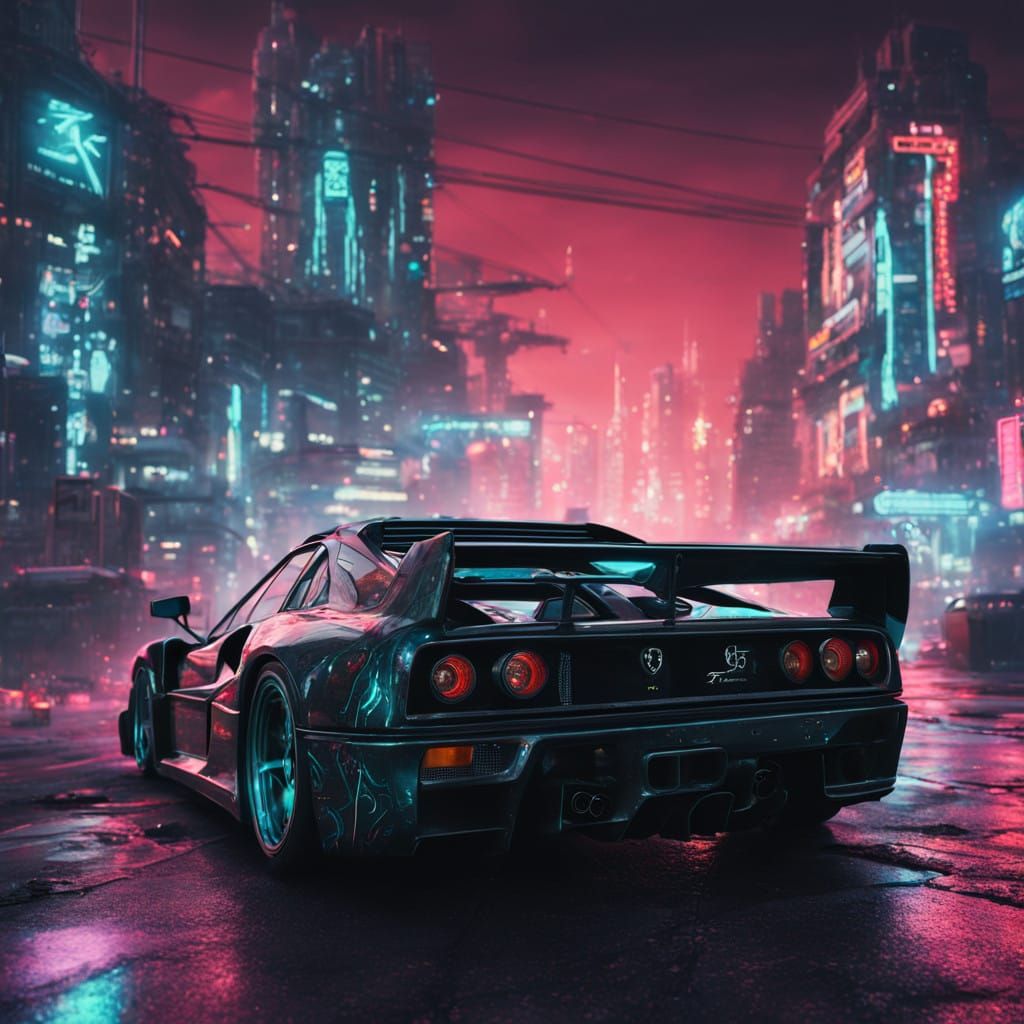 Legendary Black Ferrari F40 in Neon Cyberpunk Metr... - AI Art