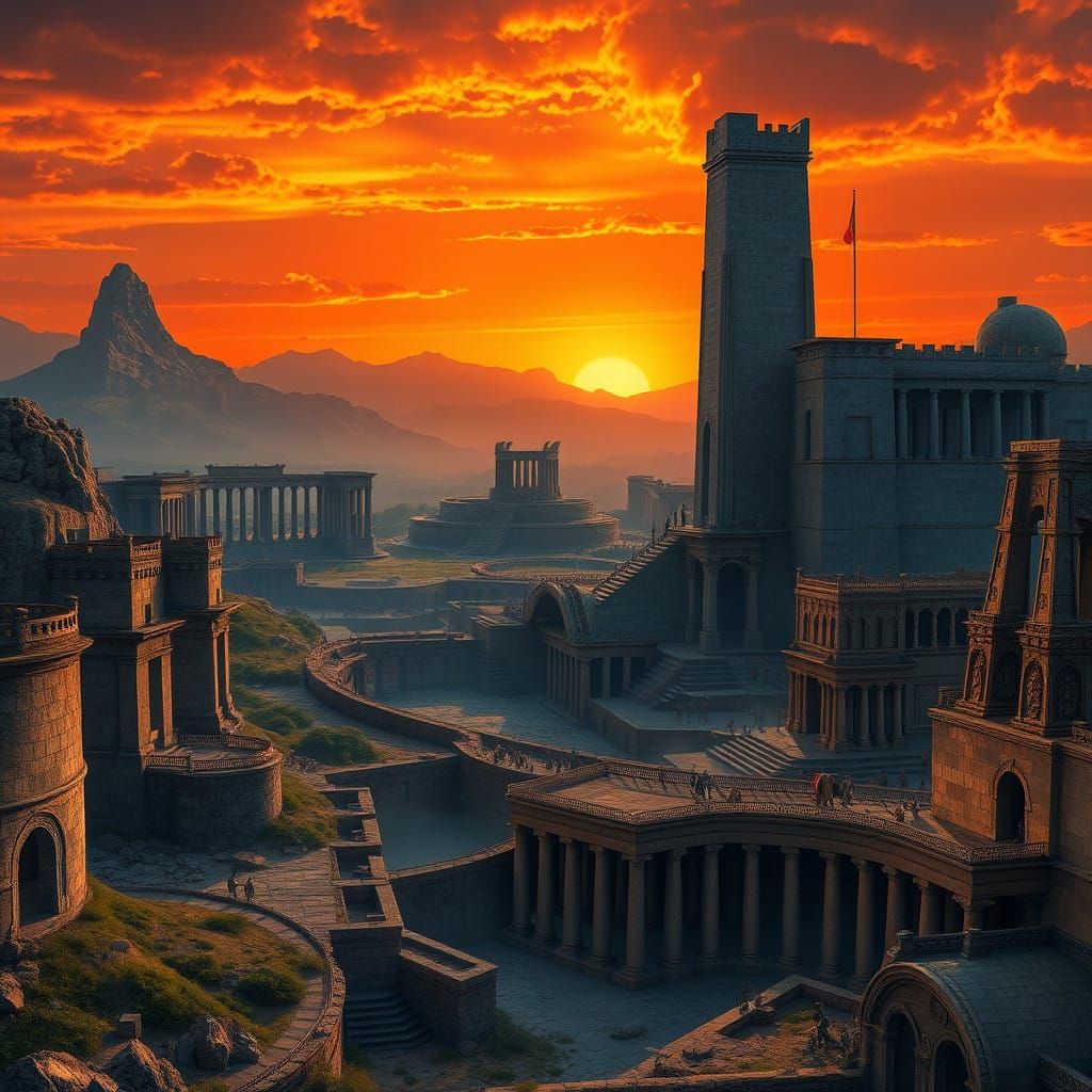 The Iliad - Epic Ancient Troy Landscape in Fiery Orange Sky