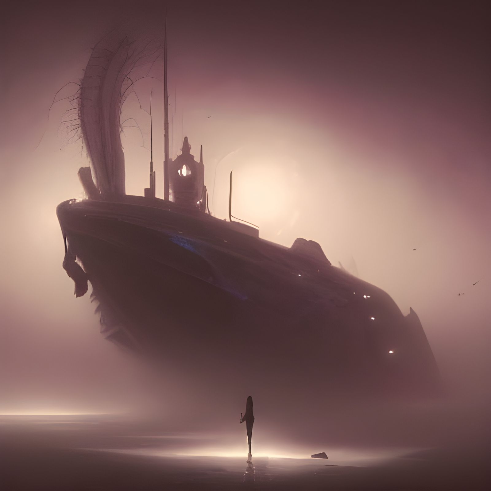 Alien Ghostship in the fog. chalk art 8k resolution concept art ...