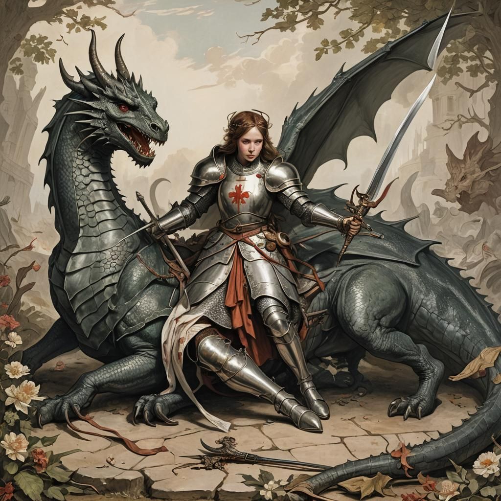 A young female knight slaying the dragon #4 - AI Generated Artwork ...
