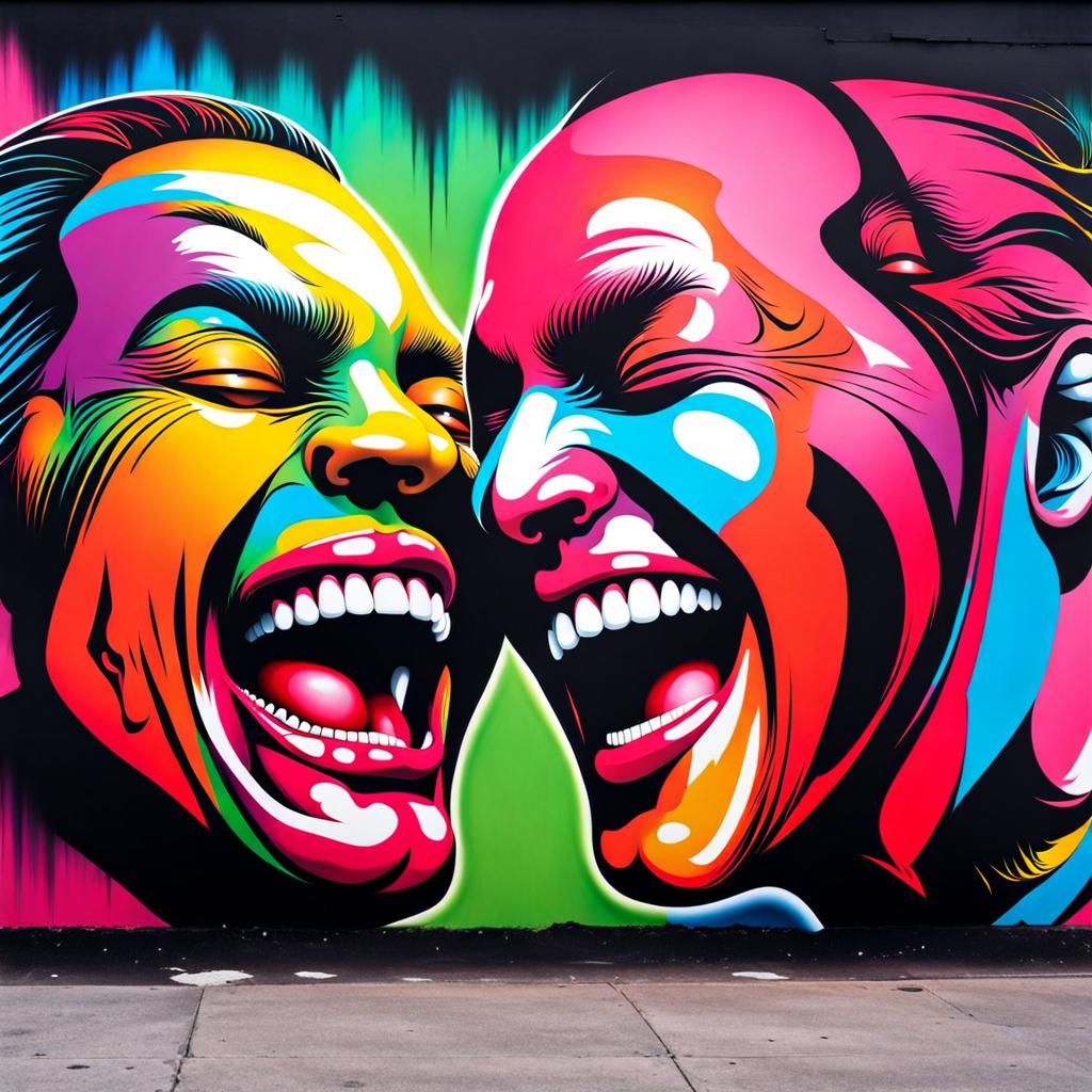 multible laughing human faces spray-painted, streetart graffiti vibrant ...