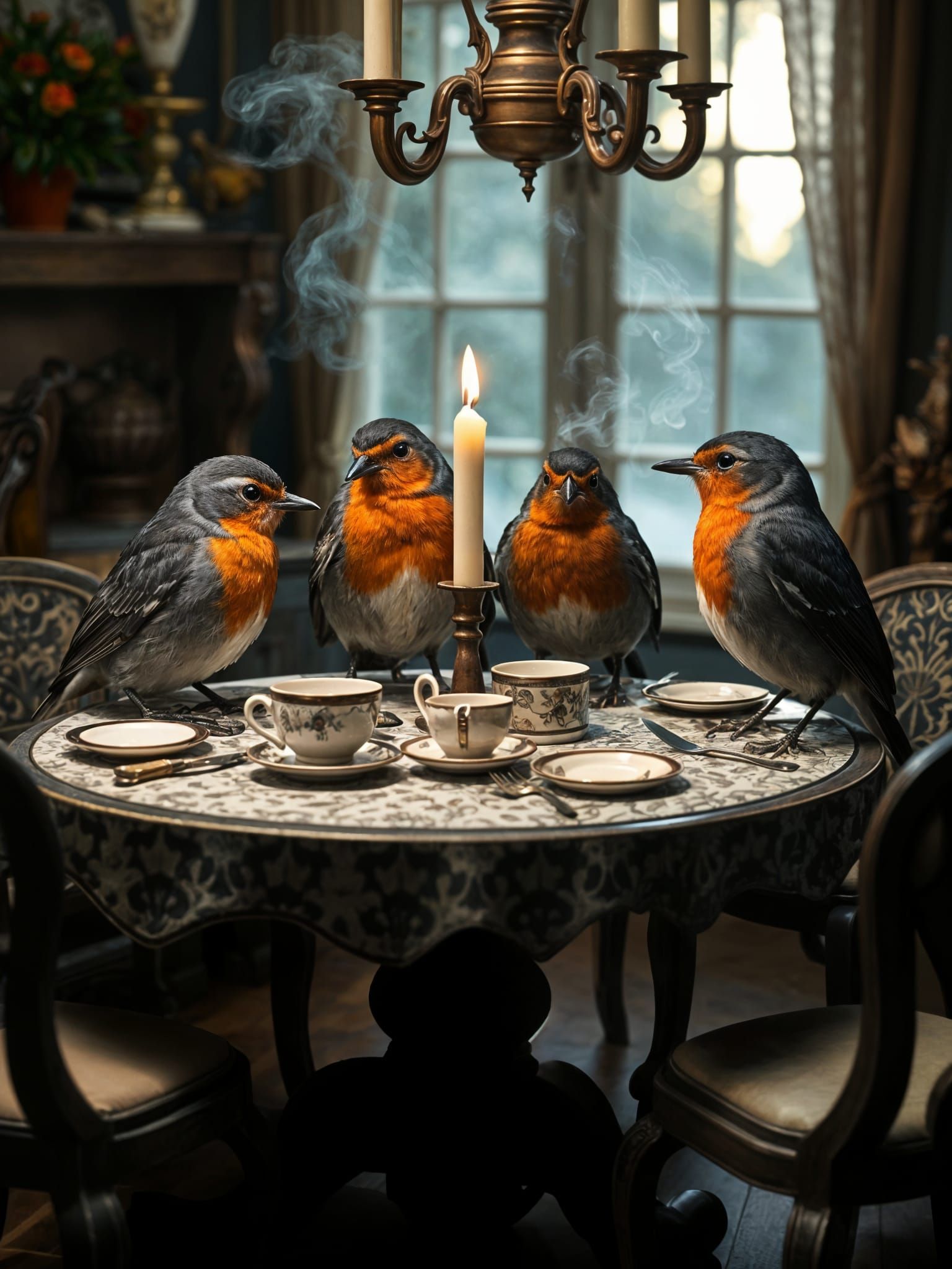 Robins Dinner - Anthropomorphic Robins Share a Meal in 19th...