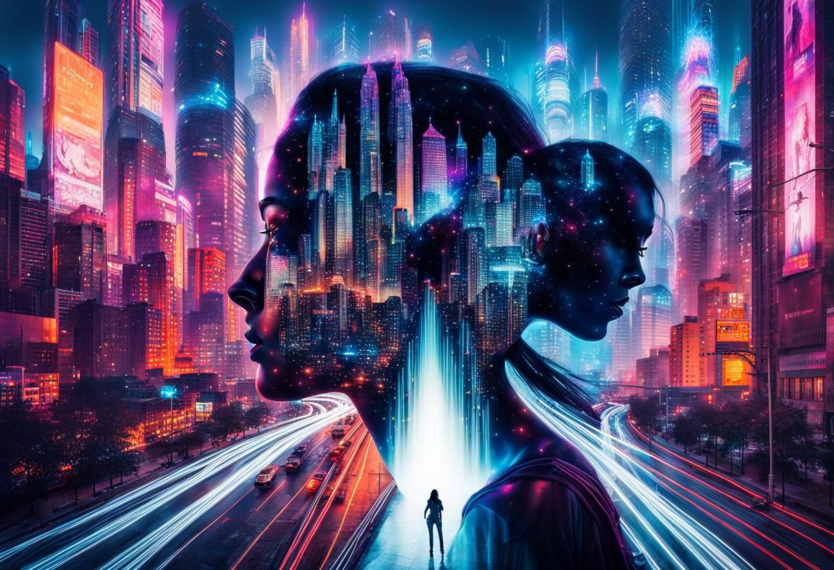 "Double exposure | image of cyberpunk city - AI Generated Artwork ...