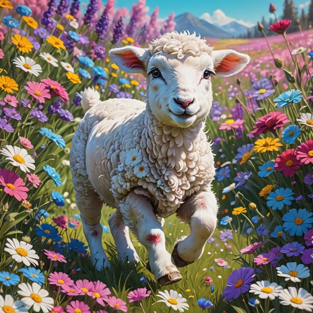 Lamb in Wildflower Meadow 6 - AI Generated Artwork - NightCafe Creator