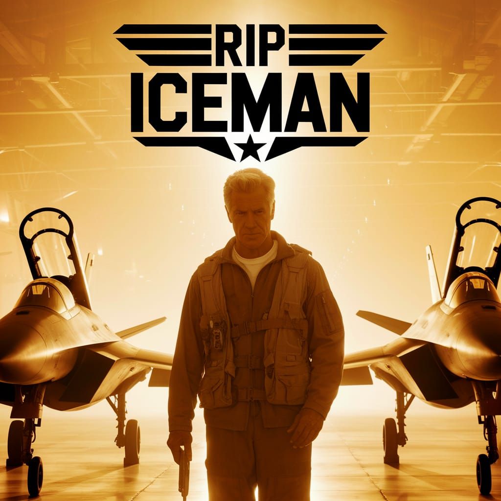 Val Kilmer in Top Gun, RIP Iceman in bold font
